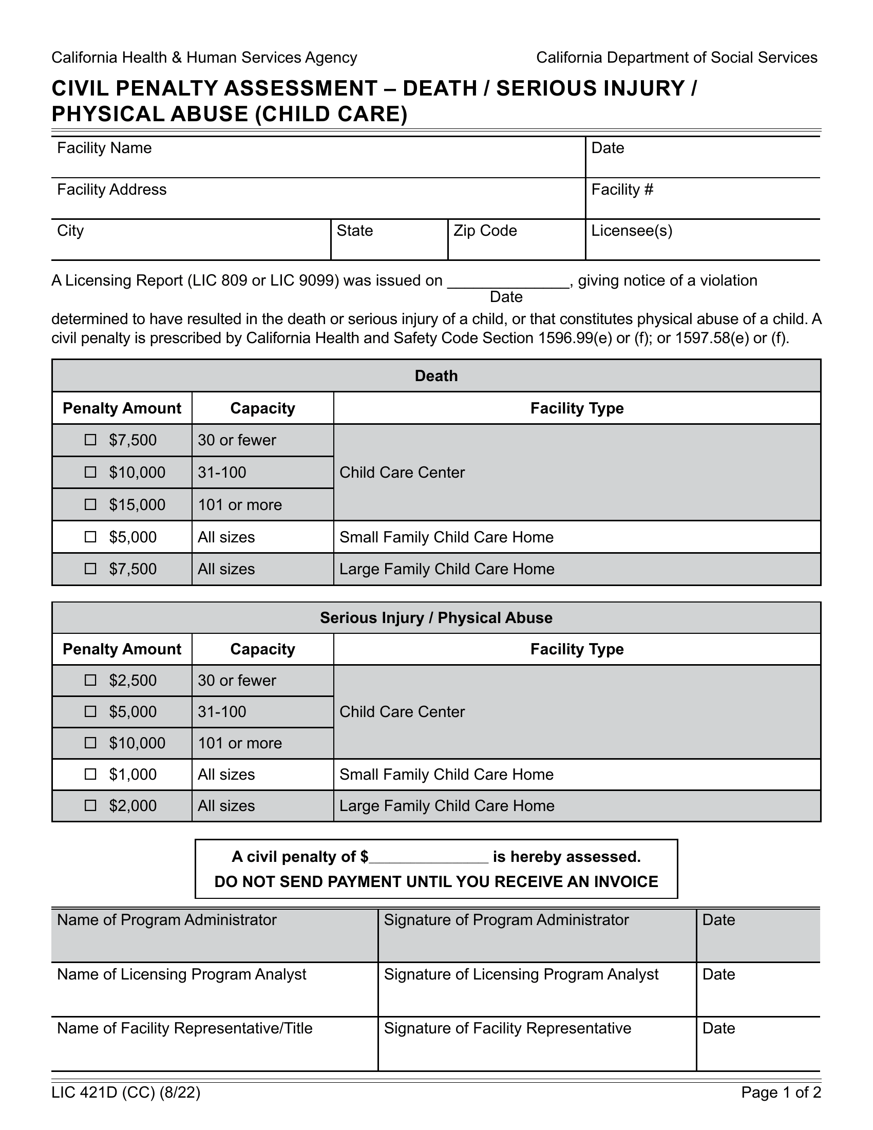 LIC 421D - Civil Penalty Assessment Death/Serious Injury/Physical Abuse ...