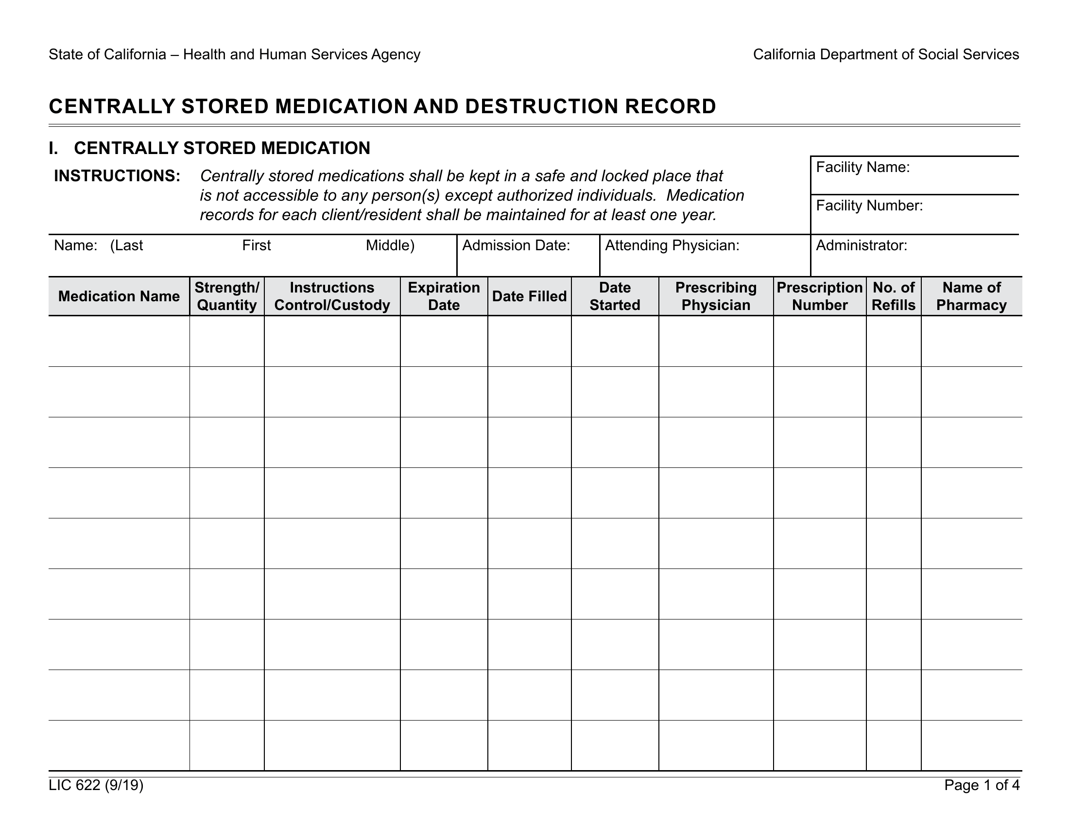 LIC 622 Centrally Stored Medication And Destruction Record